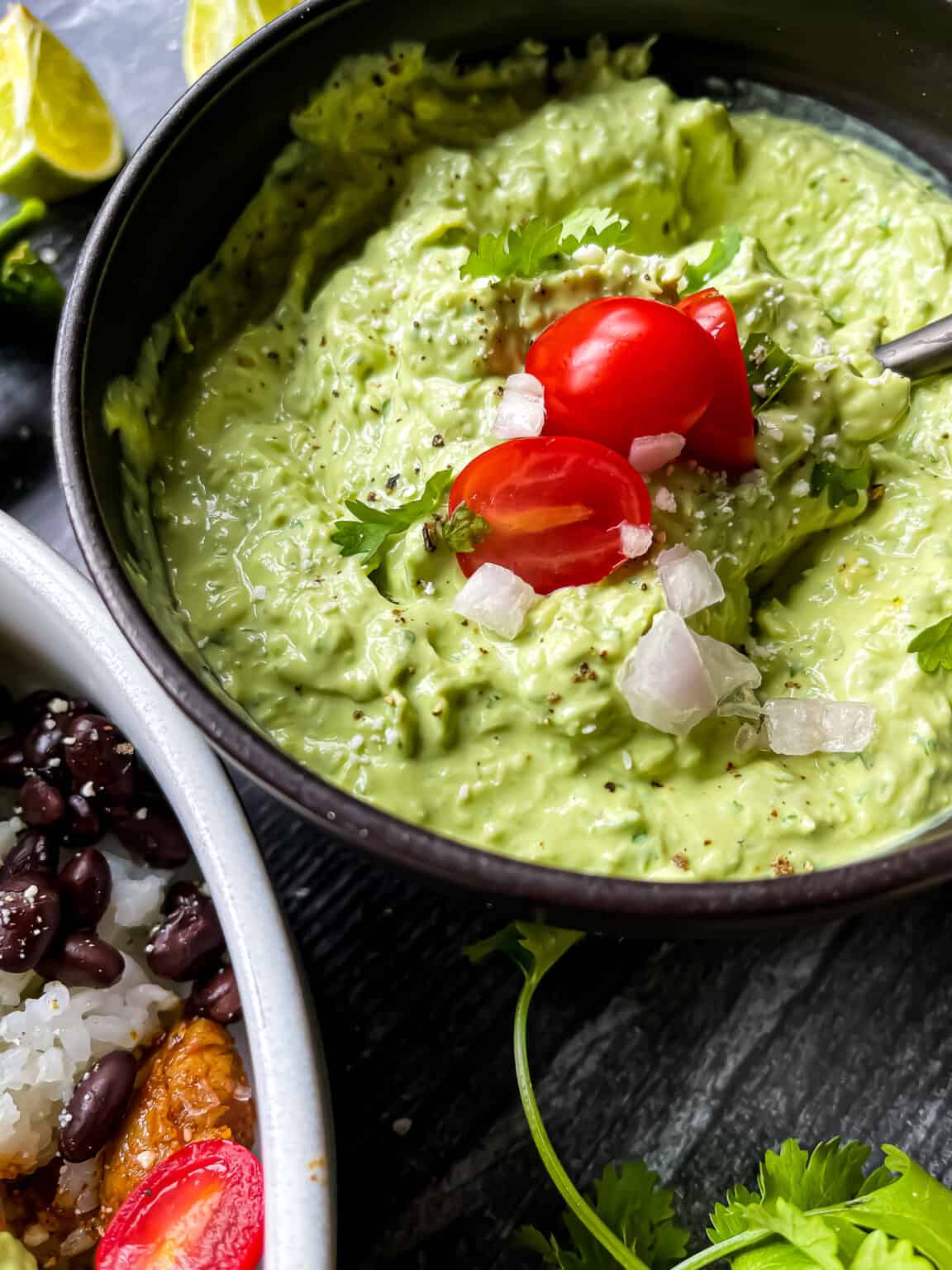 Roasted Chicken Burrito Bowls with Avocado Lime Dressing
