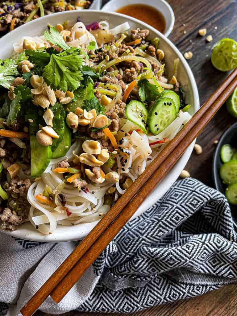 Spring Roll Bowls with Ground Pork and Sweet Chili Sauce