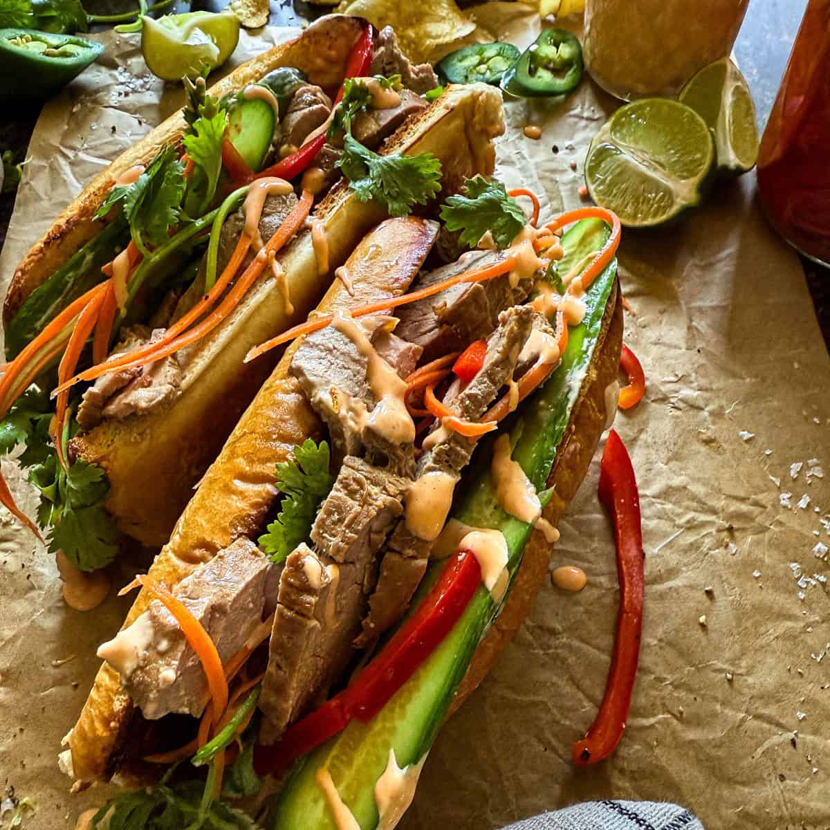 Pork Bánh Mì with Quick Pickles & Sriracha Mayo